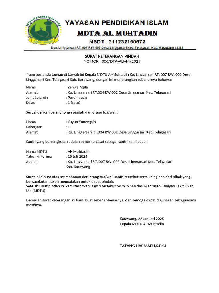 Surat Keterangan Pindah Mdtu | PDF
