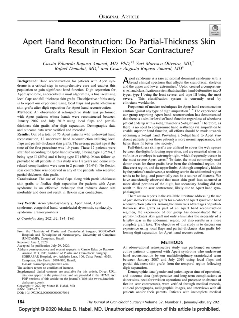 Apert Hand Reconstruction: Do Partial-Thickness Skin Grafts Result in ...