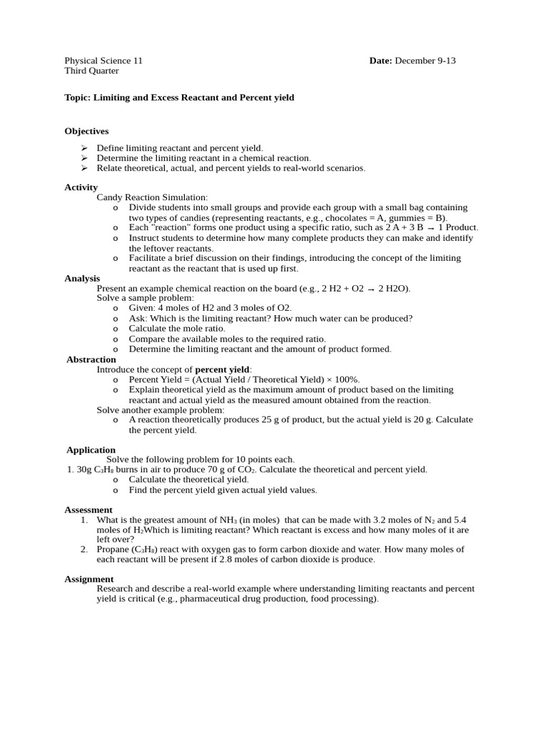 Limiting Reactants & Percent Yield Guide | PDF | Chemistry | Physical ...