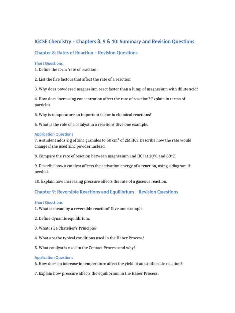 IGCSE Chemistry Chapter 8 9 10 Revision Questions | PDF | Chemical ...