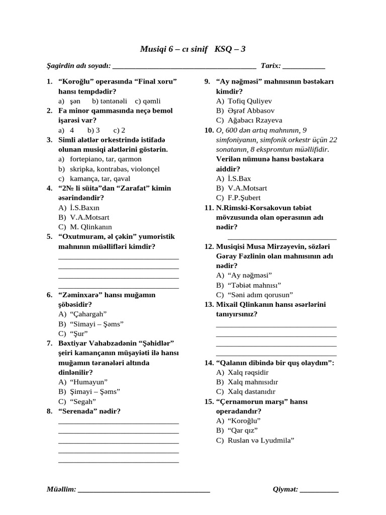 6 Ci Sinif Musiqi KSQ 3 Kemale | PDF