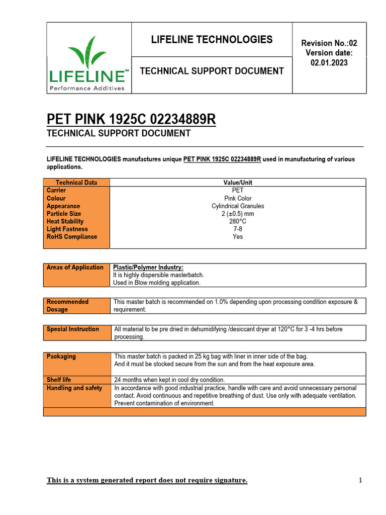 Pet Pink 1925C 02234889R - TDS | PDF | Materials