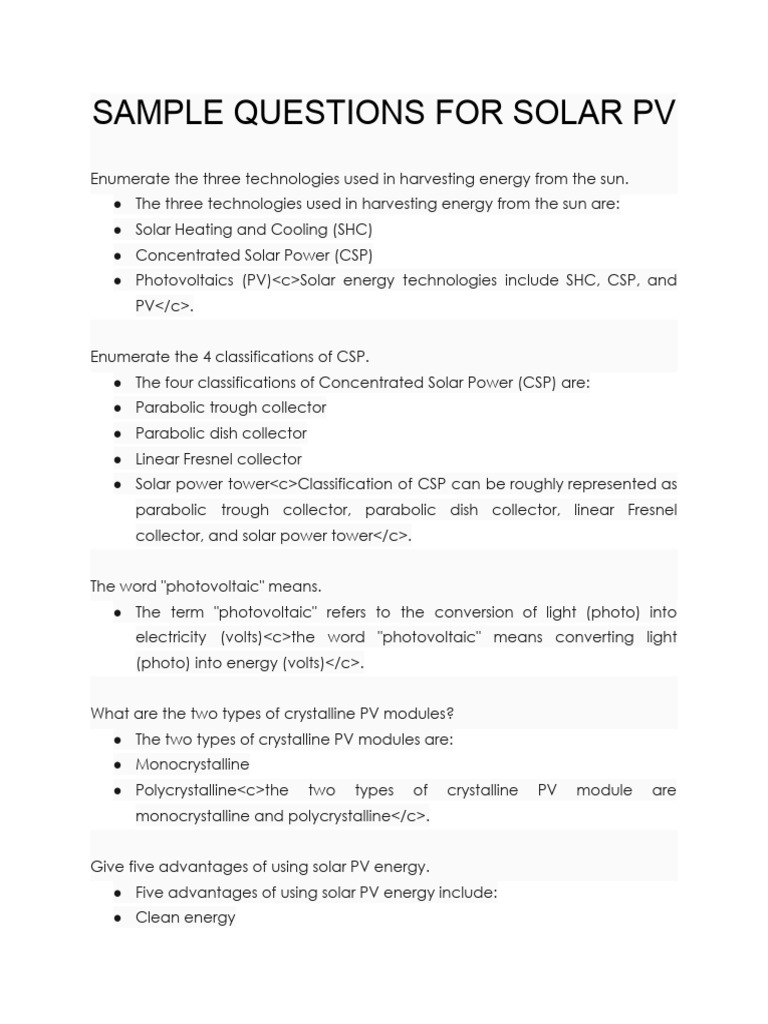 SAMPLE QUESTIONS FOR SOLAR PV | PDF | Photovoltaics | Solar Power