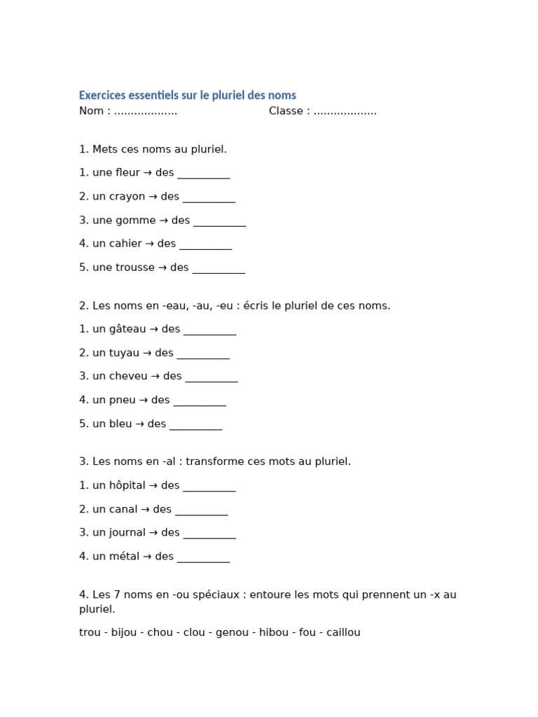 Exercices sur le pluriel des noms | PDF