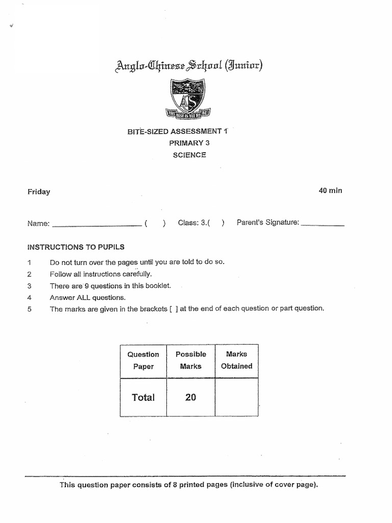 2024 P3 Science Bite Sized Assessment 1 ACS(J) | PDF