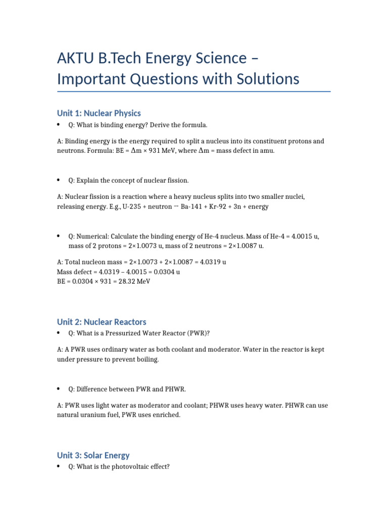 AKTU Energy Science QnA Solutions | PDF