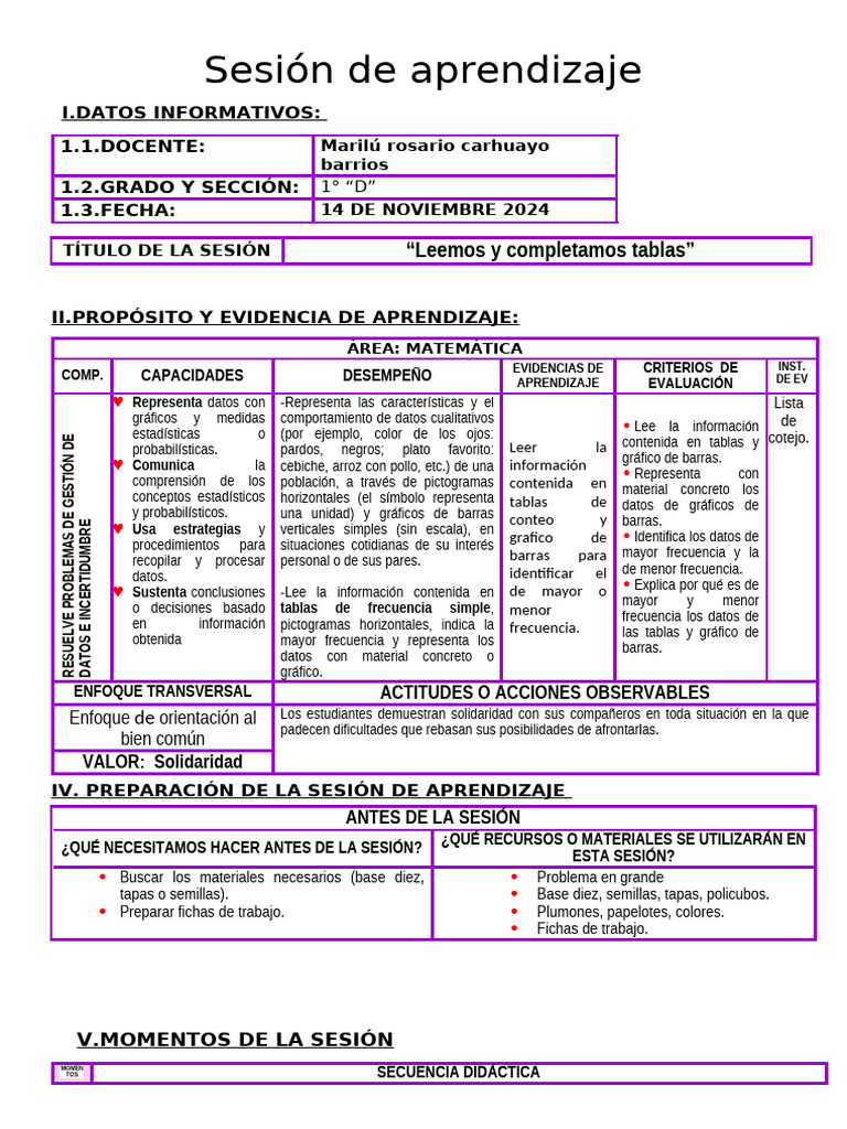 Sesión Leemos y Completamos Tablas | PDF | Aprendizaje