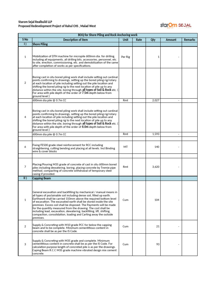 BOQ For Shorepile and RA | PDF | Deep Foundation | Concrete