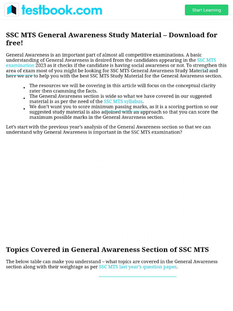 SSC MTS General Awareness Study Material - Download For Free! | PDF