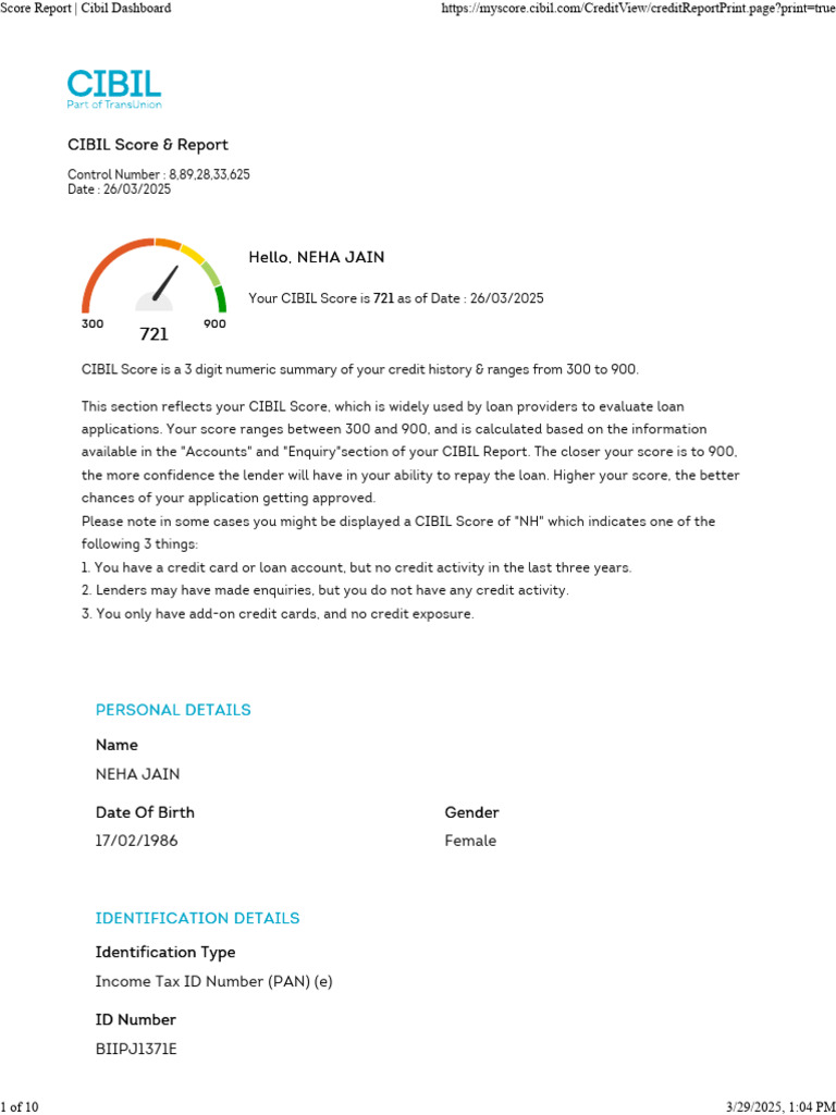 Score Report - Cibil Dashboard Neha Jain | PDF | Credit | Finance ...