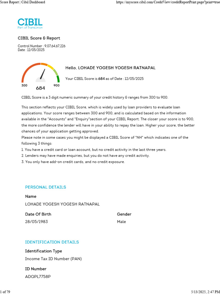 CIBIL Score Report for Yogesh Ratnapal | PDF | Finance & Money ...