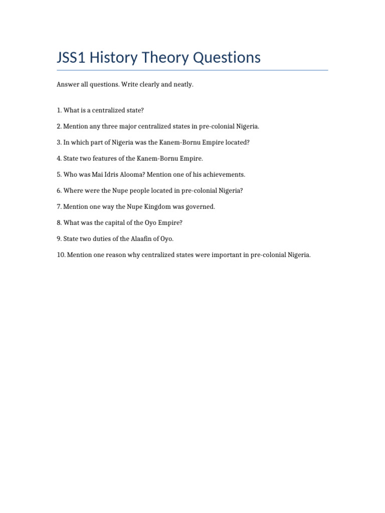 JSS1 History Theory Questions | PDF
