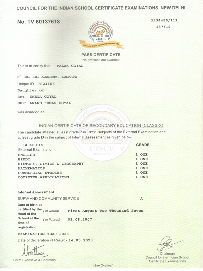 Class 10 Pass Certificate | PDF