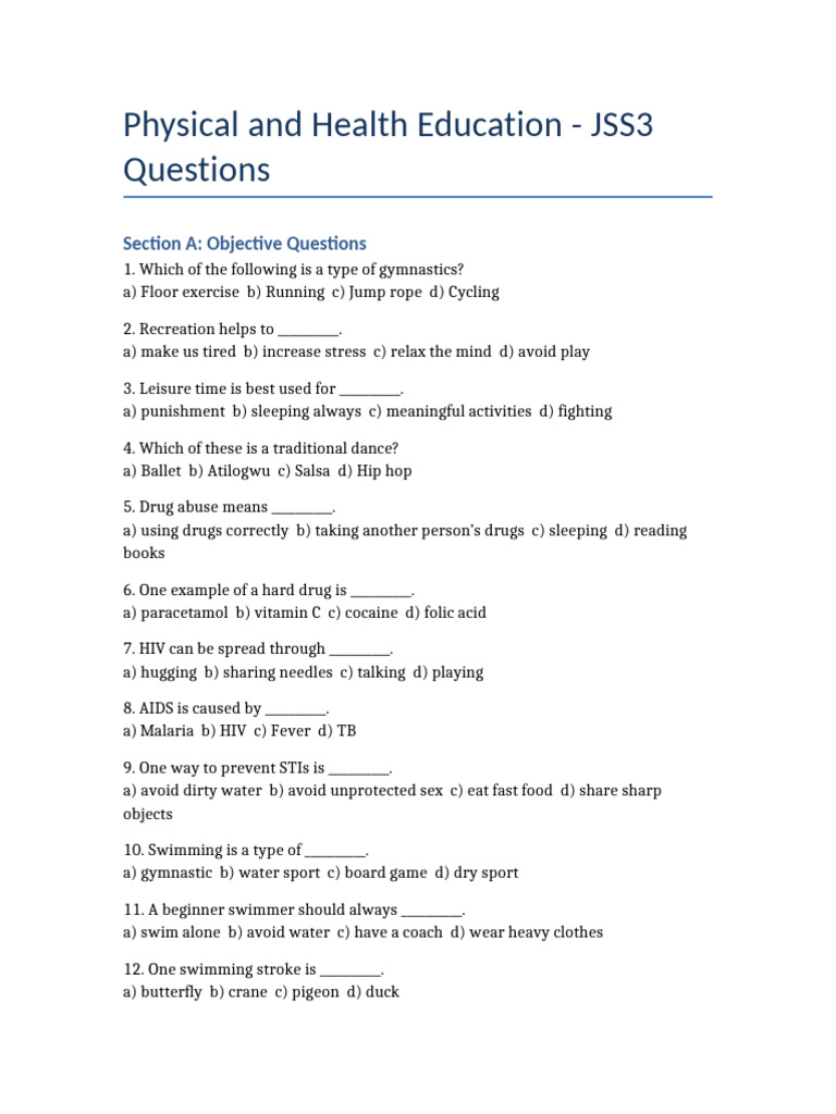 JSS3 Physical Health Education Objectives and Theory | PDF | Swimming