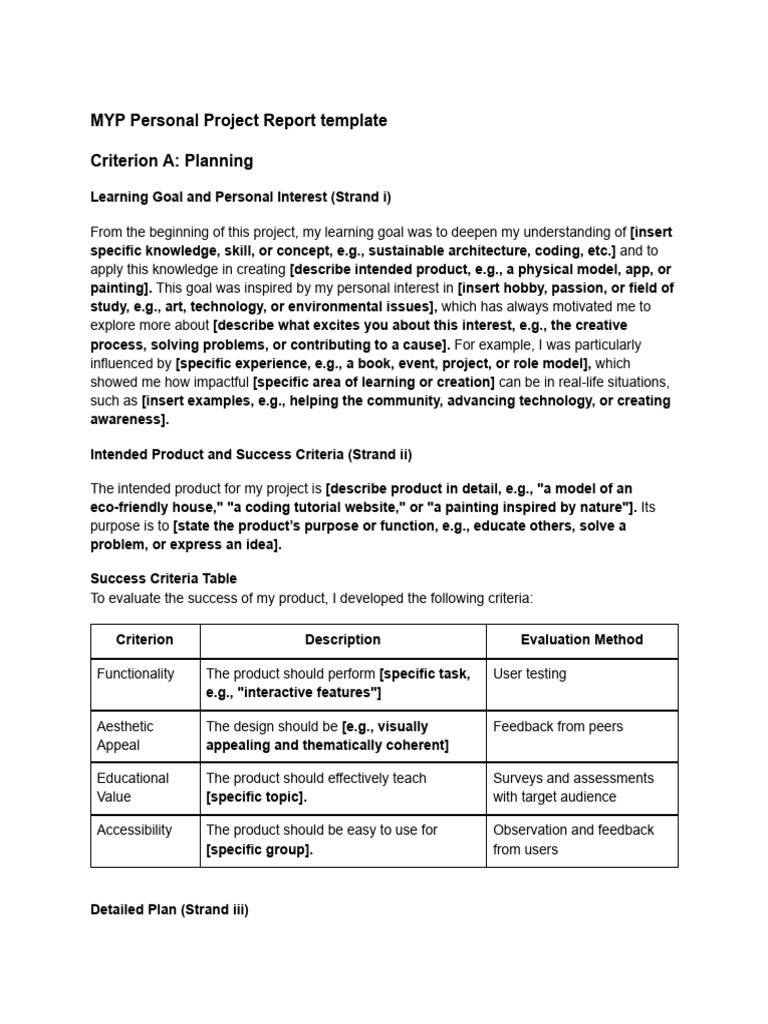 MYP Personal Project Report Template Criterion A For My Supervisees. 1 ...
