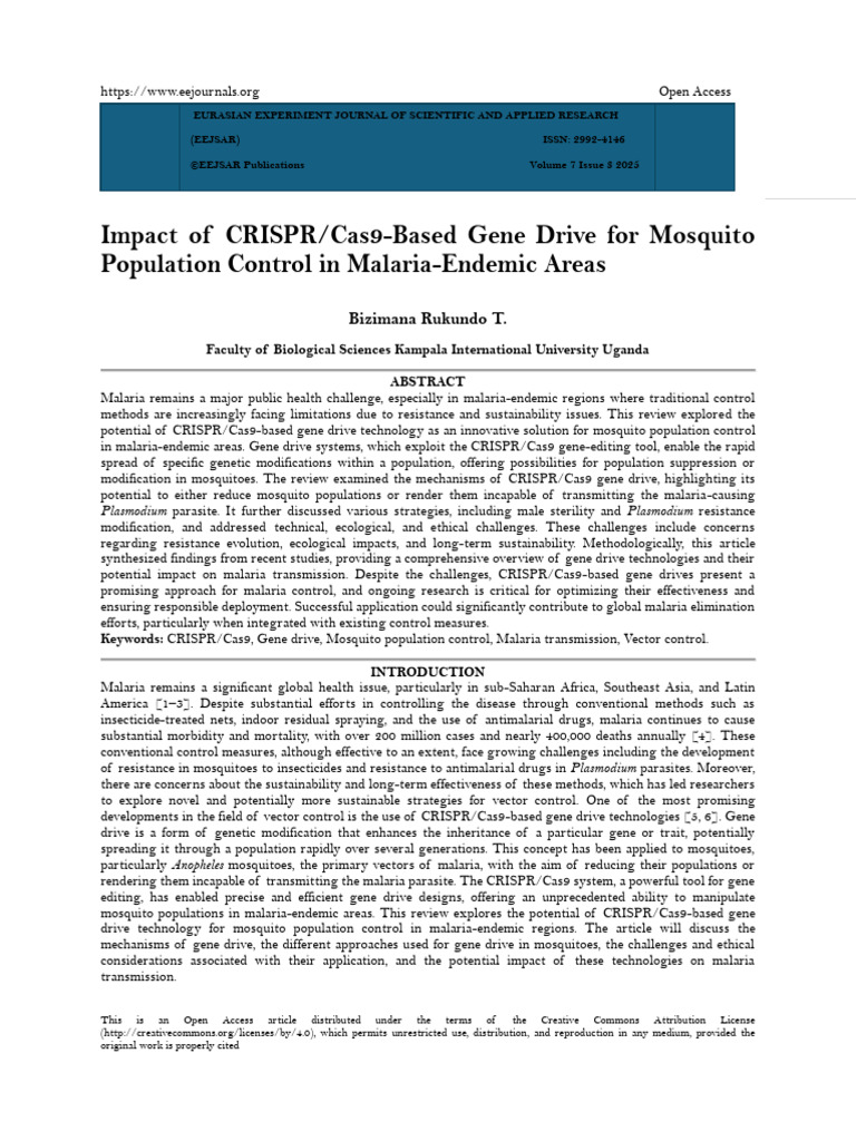 Impact of CRISPR/Cas9-Based Gene Drive For Mosquito Population Control ...