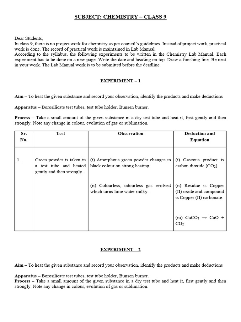 Chemistry Instructions and Experiments For Lab Manual Work Class 9 ...