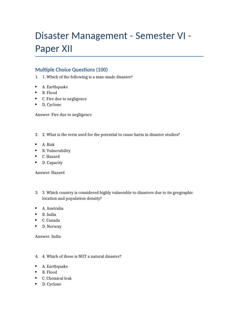 Disaster Management MCQs Sem VI | PDF | Emergency Management | Natural ...