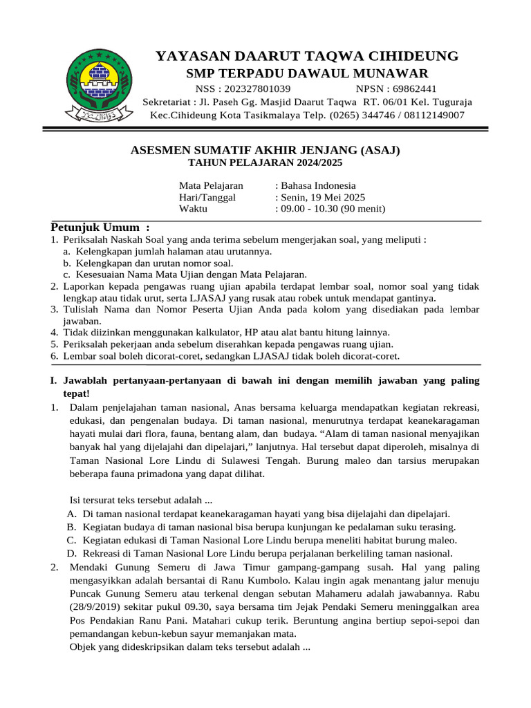 SOAL ASAJ BAHASA INDONESIA 2025 | PDF