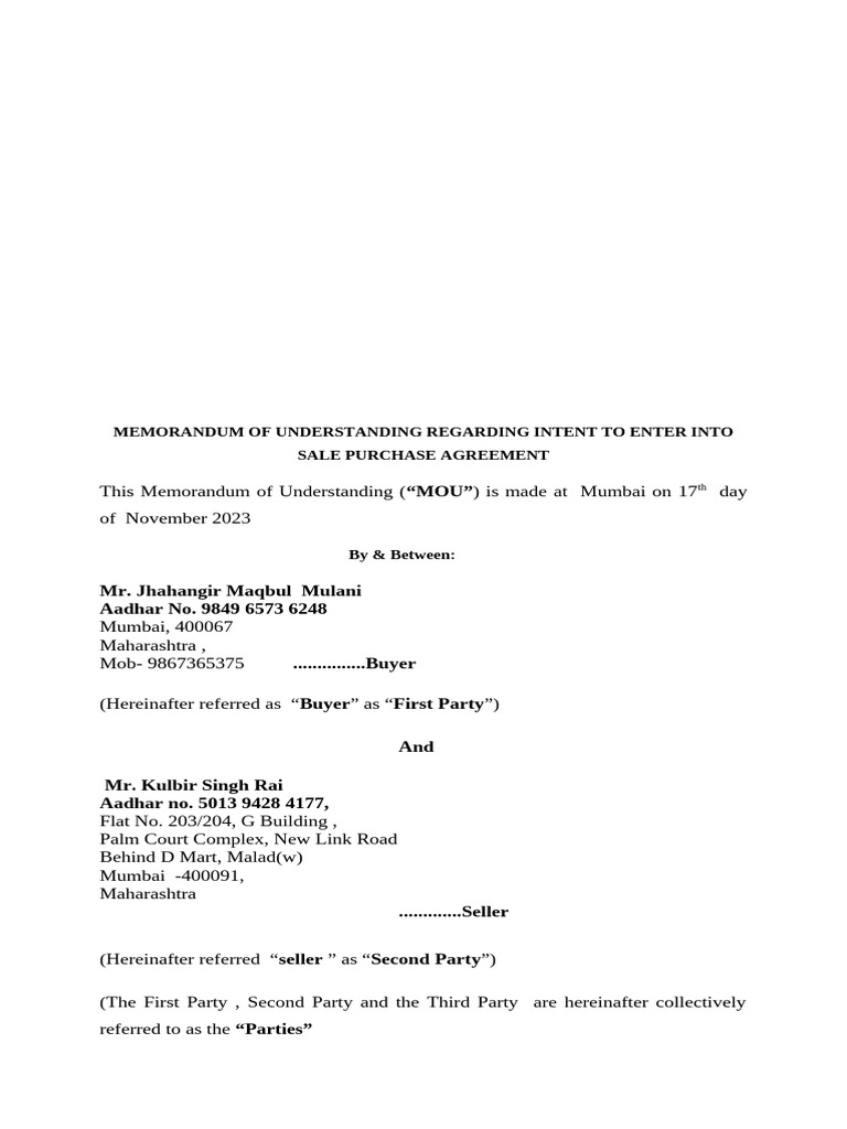 Mulani Sir MOU Agreement | PDF | Memorandum Of Understanding | Private Law