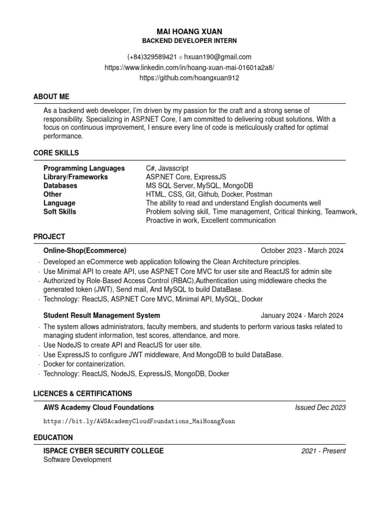 Mai - Hoang - Xuan - Intern (.Net, C#) | PDF | My Sql | Databases