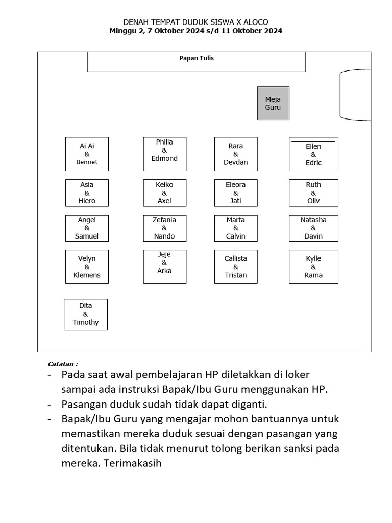 Denah Tempat Duduk Siswa Oktober 2 | PDF