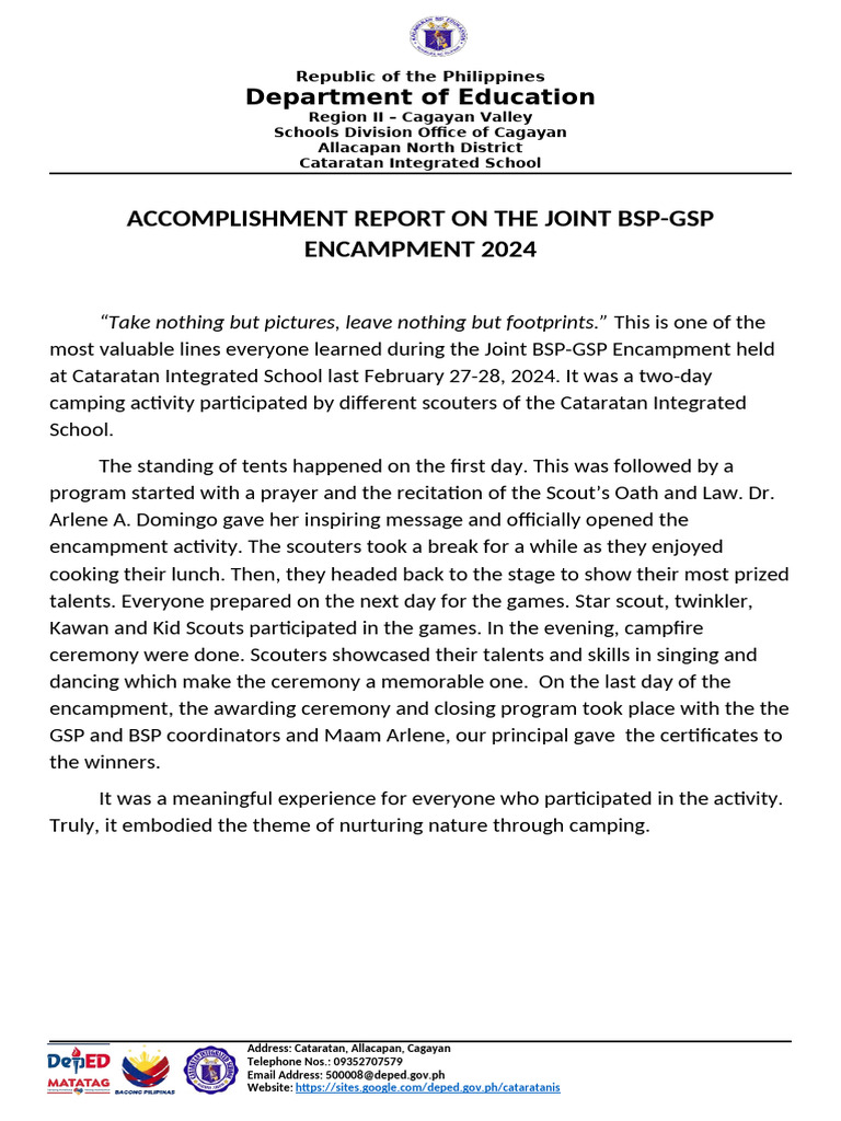 Accomplishment Report On The BSP GSP ENC | PDF