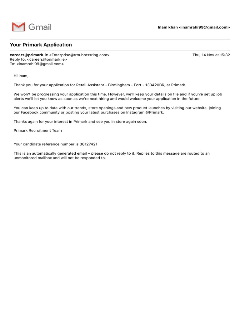 Your Primark Application | PDF