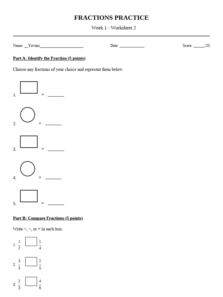 YUVINU - Fractions Week1-Sheet2 | PDF