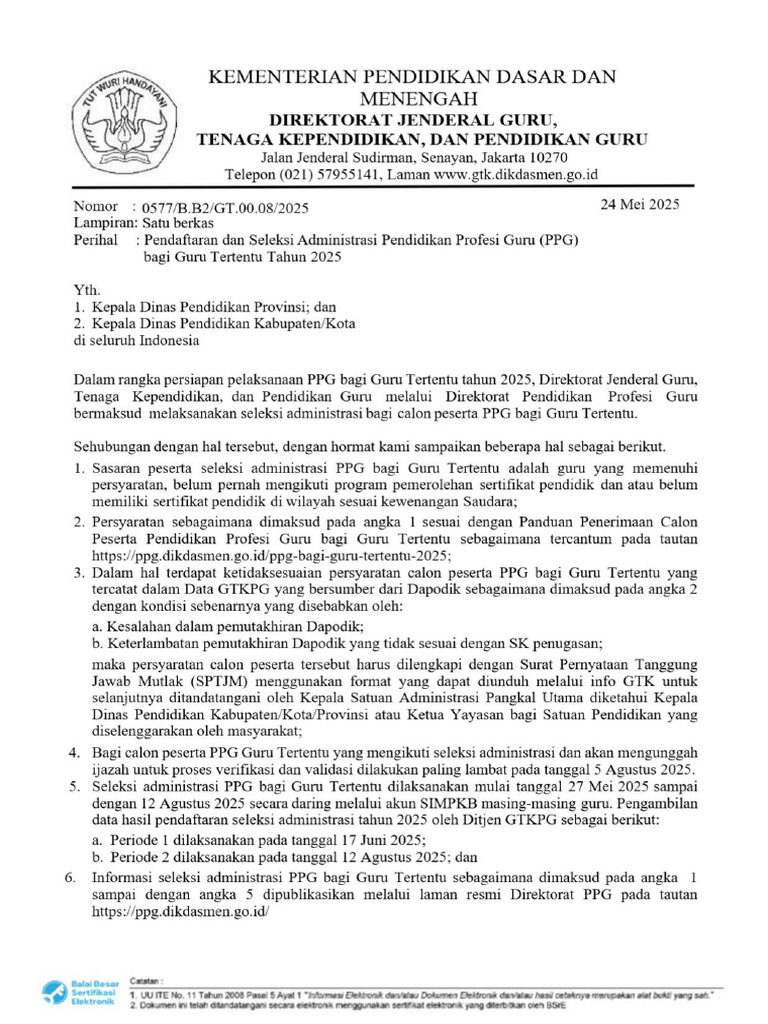 20250524-Pendaftaran Dan Seleksi Administrasi Pendidikan Profesi Guru (PPG) Guter 2025 | PDF