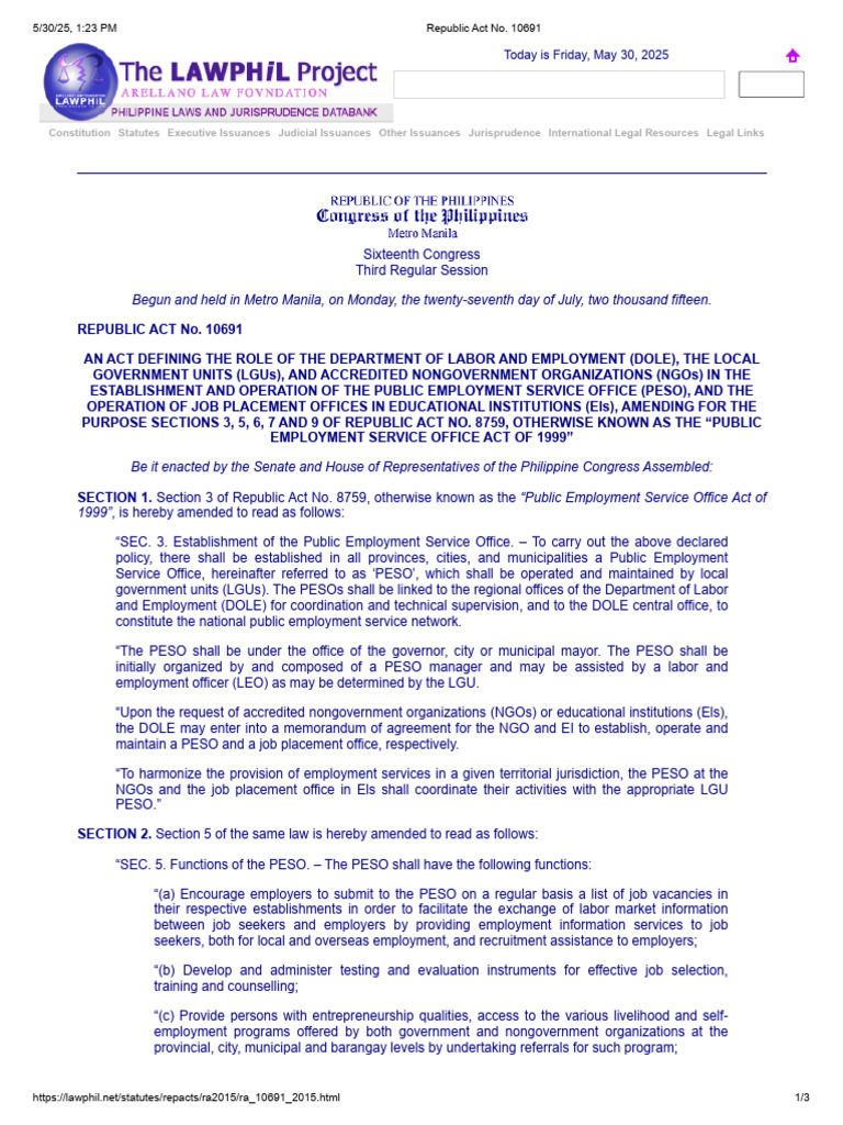 Republic Act No. 10691 | PDF | Unemployment Benefits | Employment