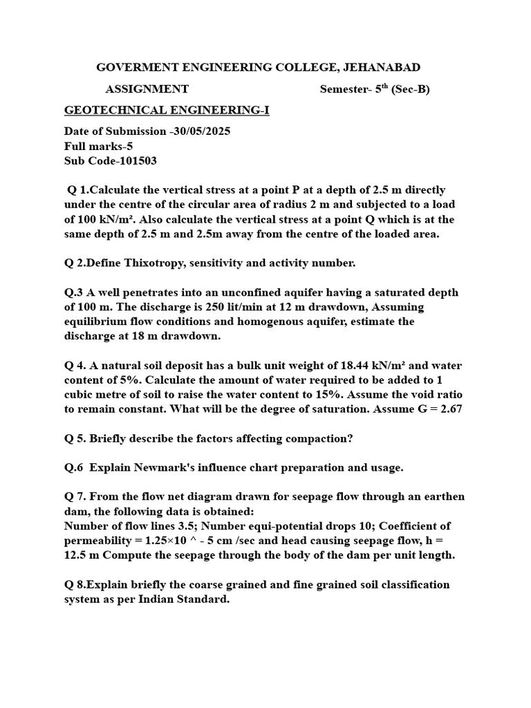 Geotech Engg - I Assignment 1-5 | PDF | Density | Soil Mechanics
