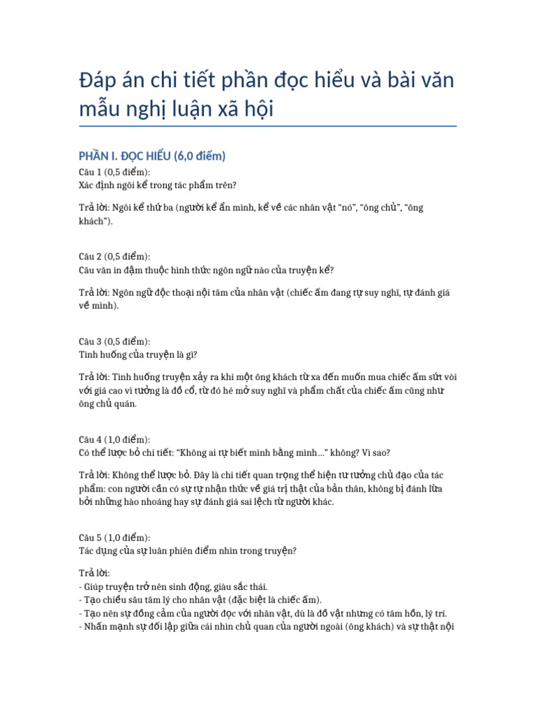 Dap An Chi Tiet Phan Doc Hieu Va Bai Van Mau | PDF