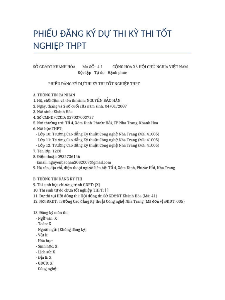 Phieu Dang Ky Du Thi Nguyen Bao Han | PDF