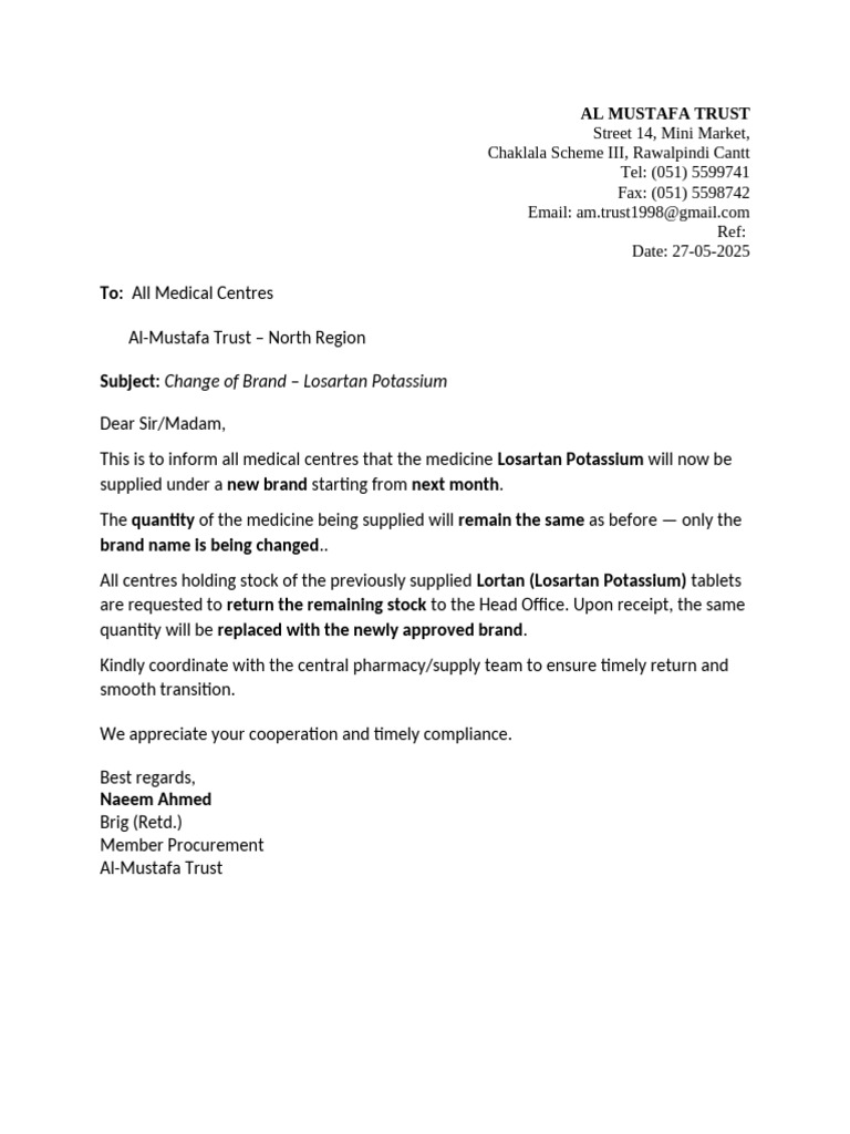 Letter For Replacement of Medicines | PDF