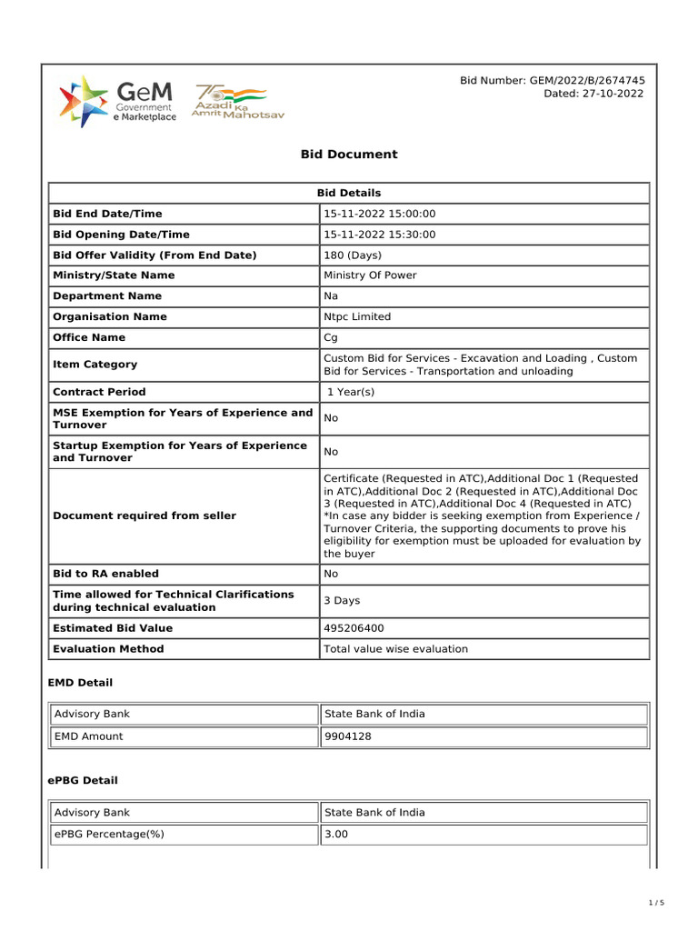 NTPC Excavation Contract Bid Details | PDF | Auction | Procurement