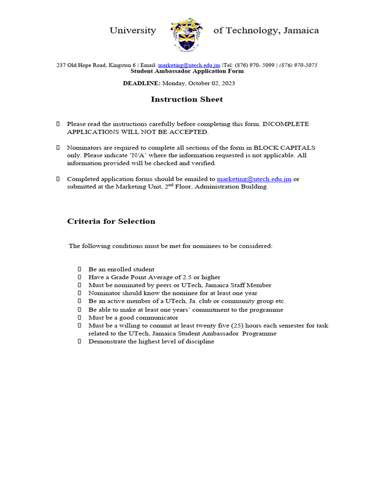 Student Ambassador Application Form 2023 - Fillable | PDF