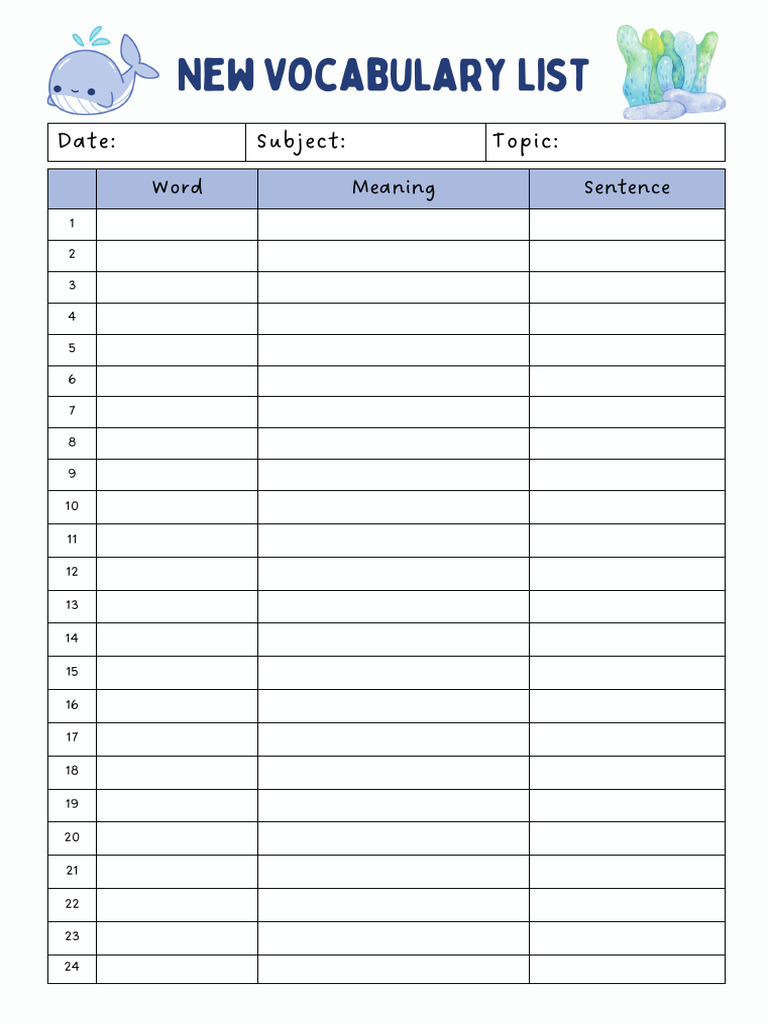 New Vocabulary List Document Orange and Cream in Illustrative Simple ...