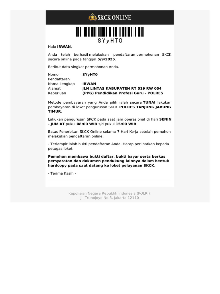Contoh Hasil Pendaftaran SKCK Online | PDF