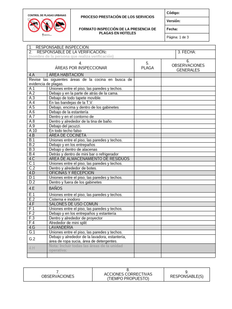 For Pss 066 v0 Formato Inspeccion de La Presencia de Plagas | PDF