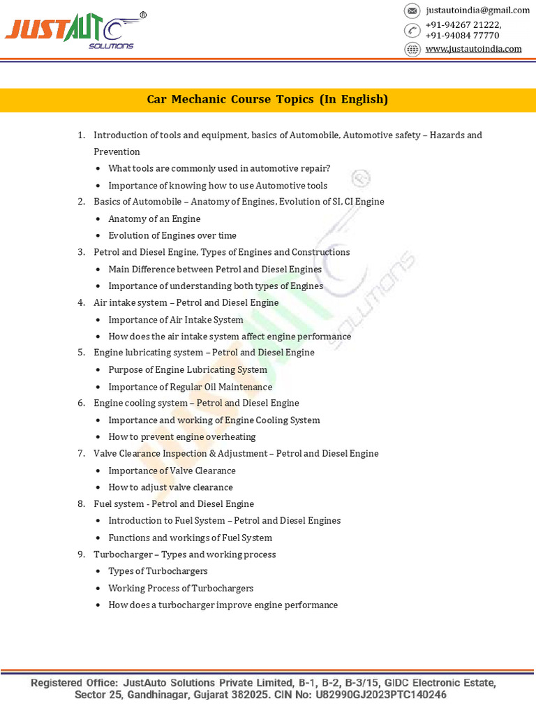 Automotive Mechanic Course Overview | PDF | Diesel Engine | Engines