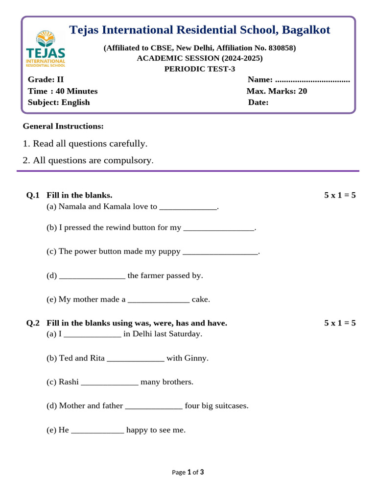 Grade 2 P-T-3 English Question Paper | PDF
