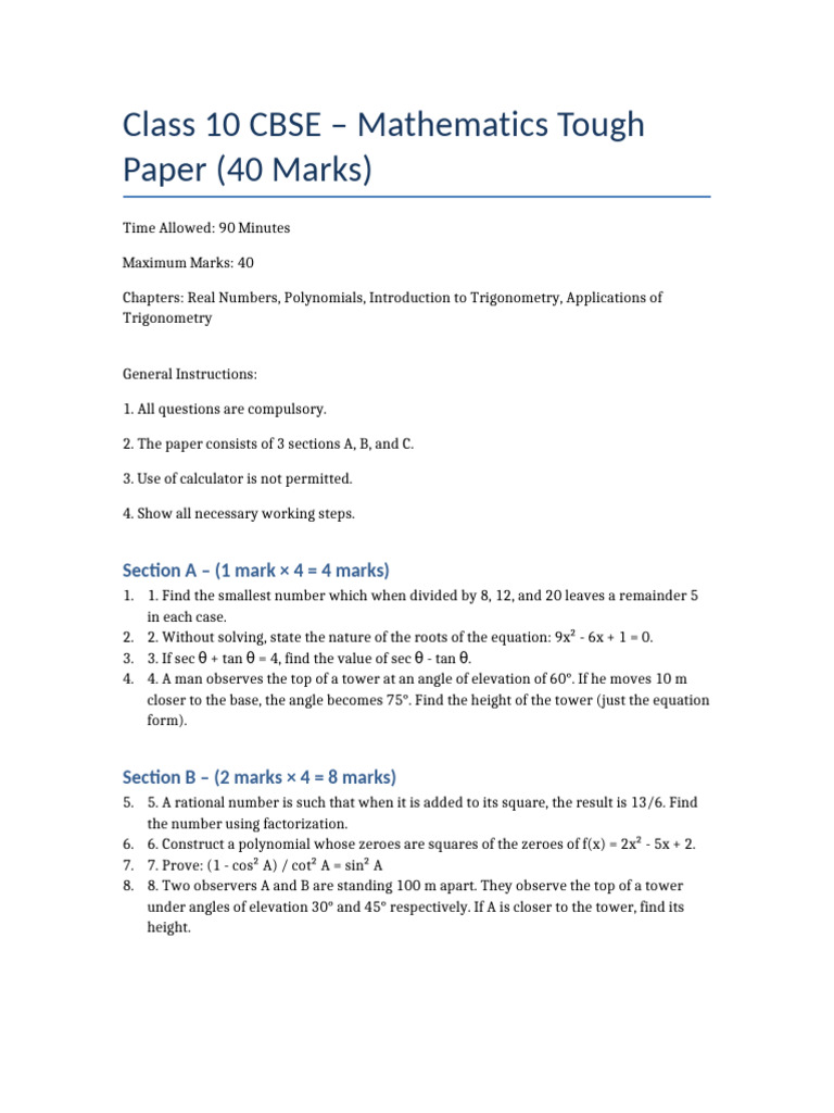Class 10 Maths Tough Paper Overview | PDF | Numbers | Polynomial