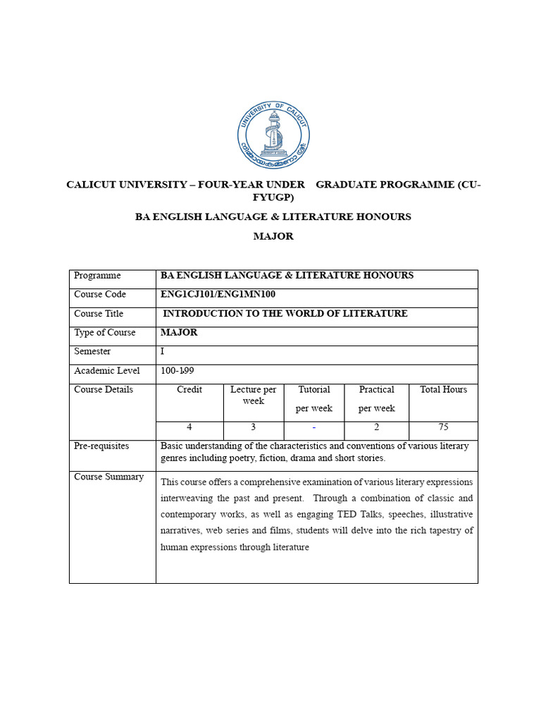 S1 Ba Major Syllabus Calicut University | PDF | Genre | Poetry