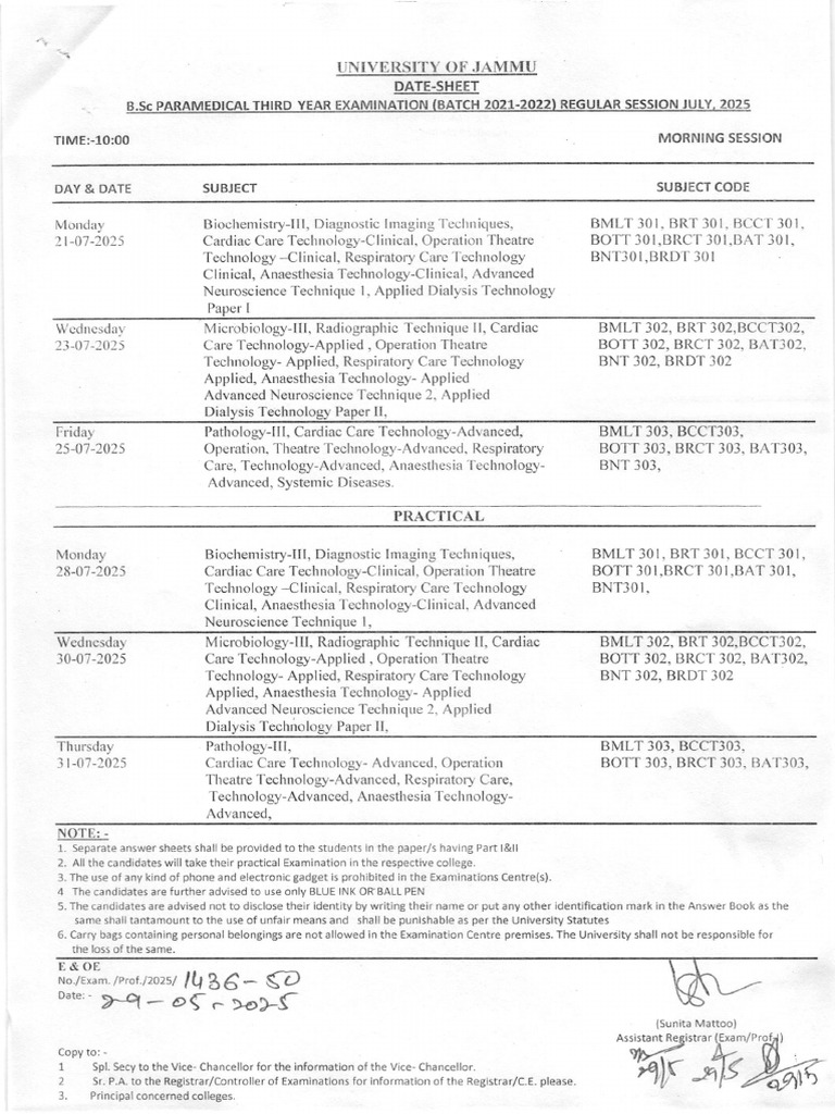 Date Sheet - B.sc. Paramedical Third Year Exam (2021 - 2022) Regular - July 2025 | PDF ...
