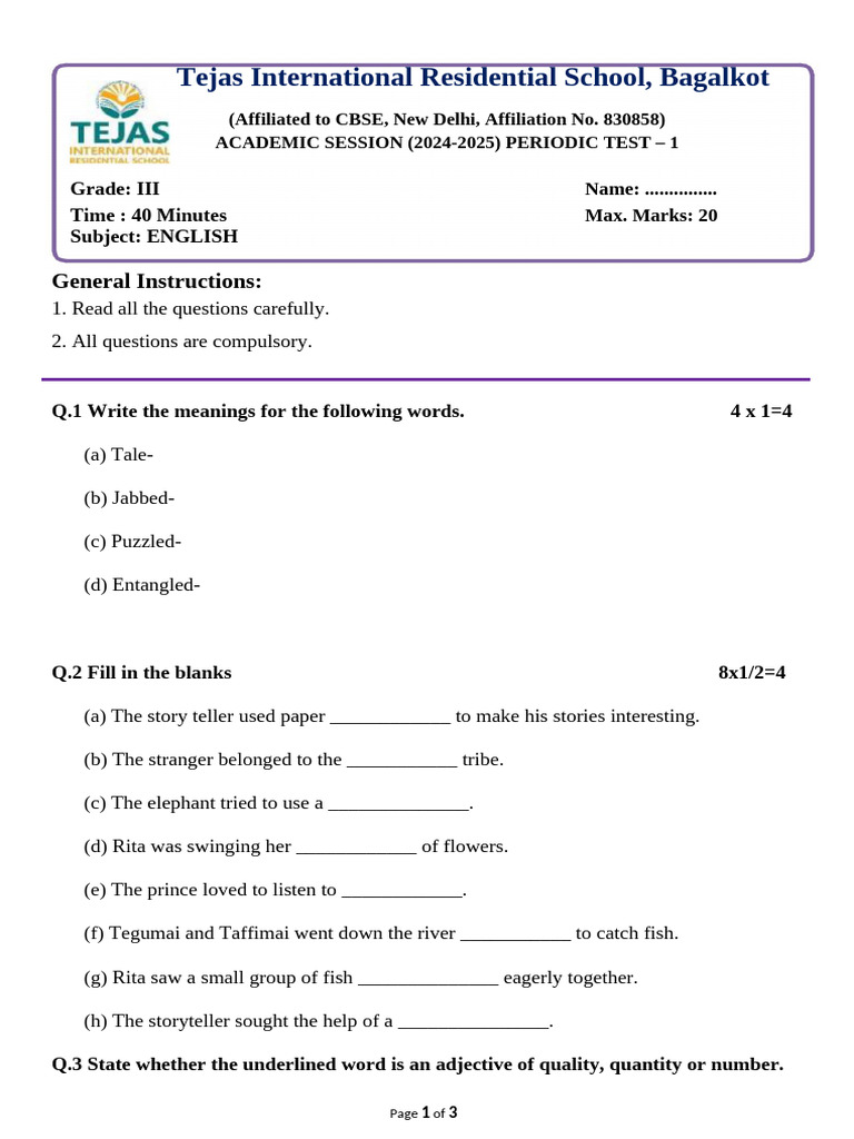 Grade 3 P-T-3 English Question Paper | PDF