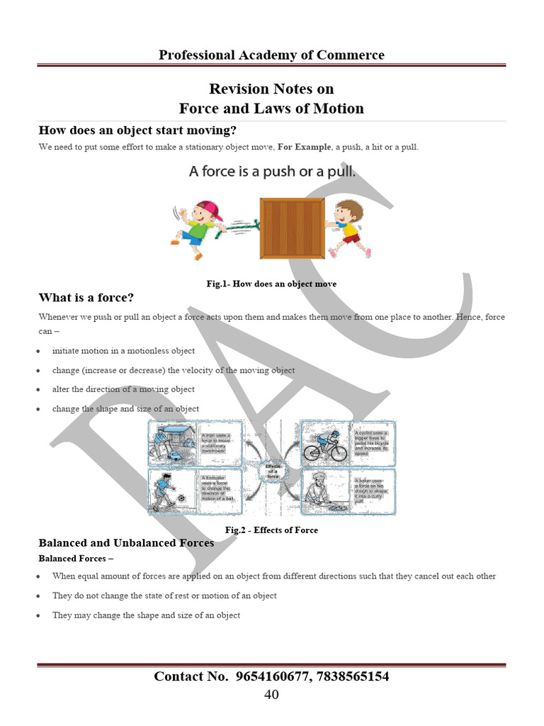 Force and Laws of Motion Quick Notes For Revision | PDF | Force | Inertia