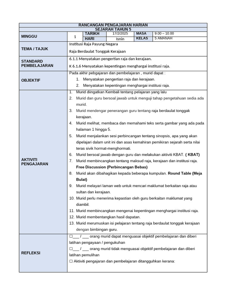 RPH Ringkas Minggu 1 Sejarah THN 5 by Cikgu Gorgeous | PDF