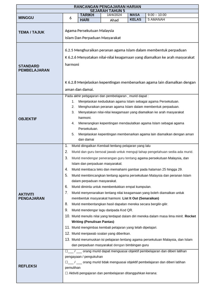 RPH Ringkas Minggu 6 Sejarah THN 5 by Cikgu Gorgeous | PDF