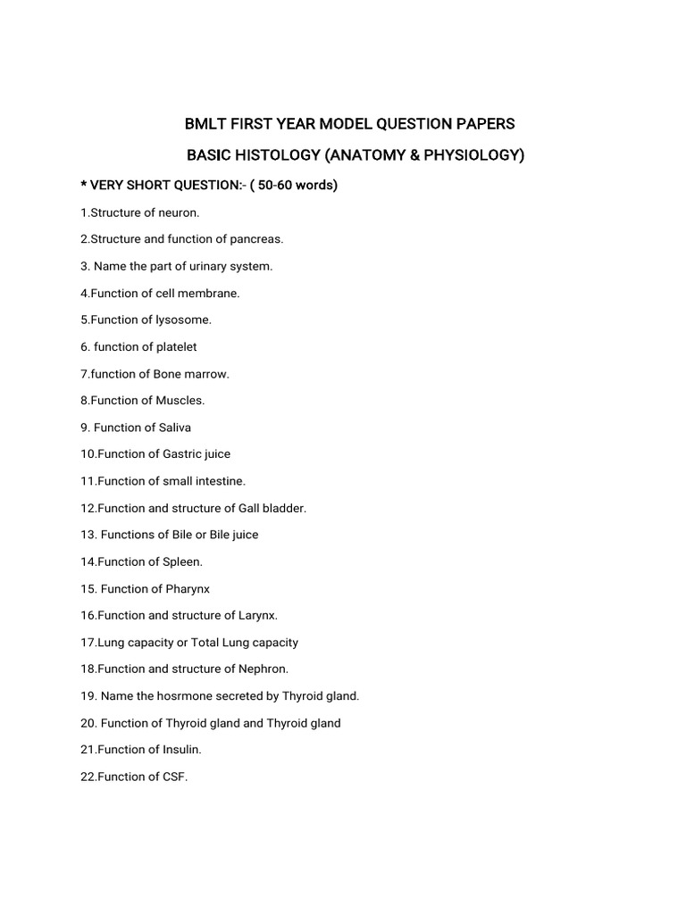 BMLT First Year Basic Histology Model Question Paper | PDF | Staining | Anatomy